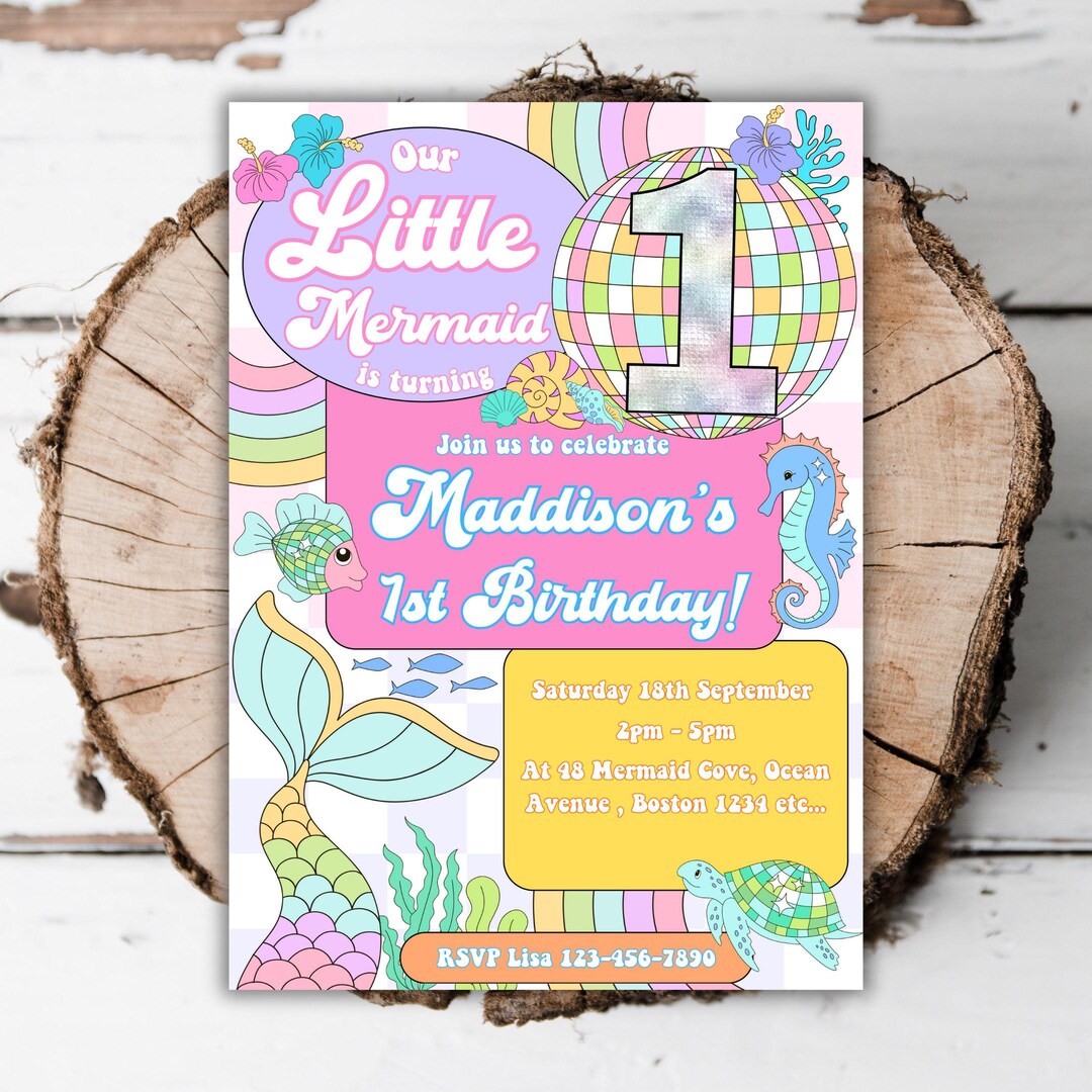 Printable Groovy Mermaid 1st Birthday Invitation Little Mermaid Pool ...