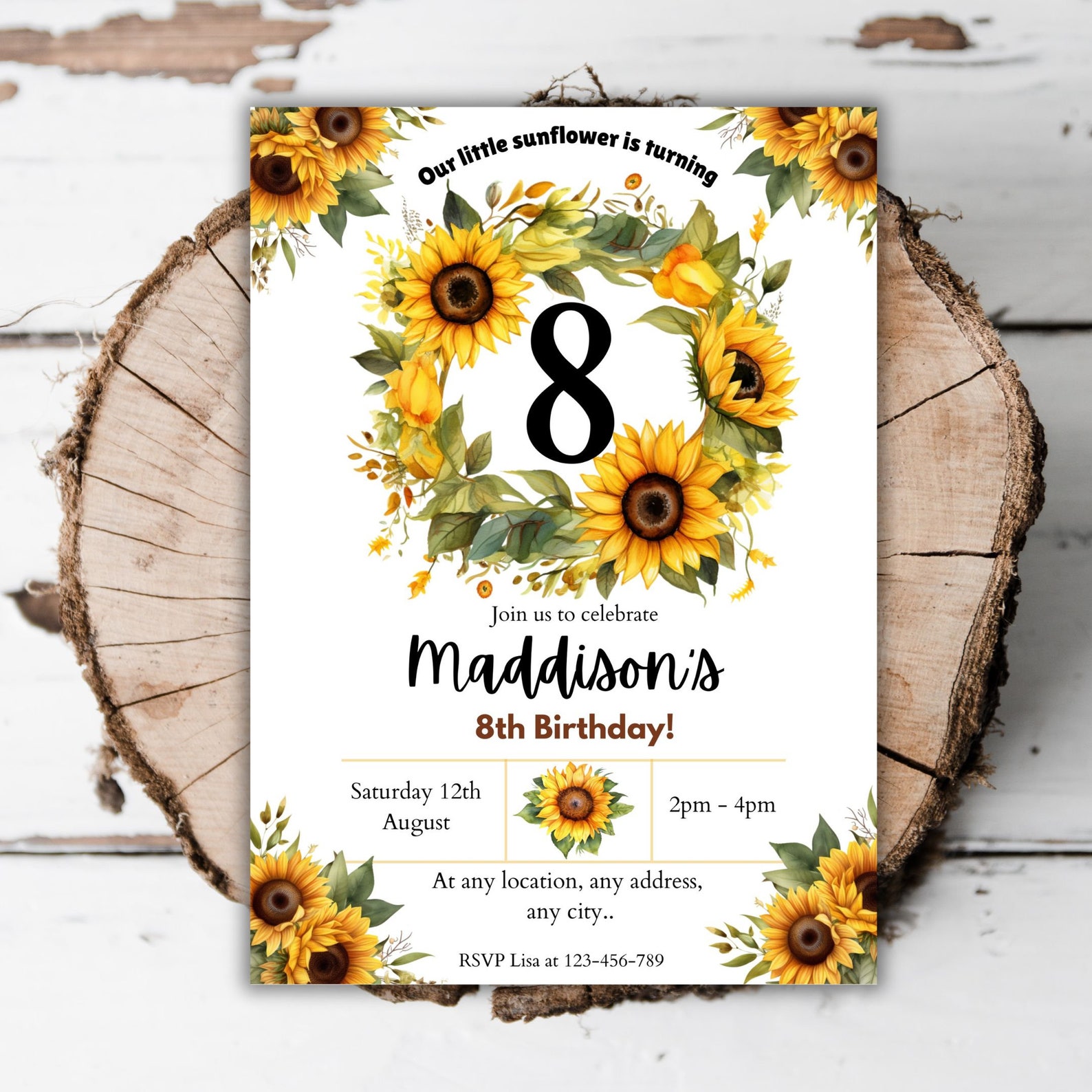Printable Sunflower 8th Birthday Invitation Editable Rustic Flower ...