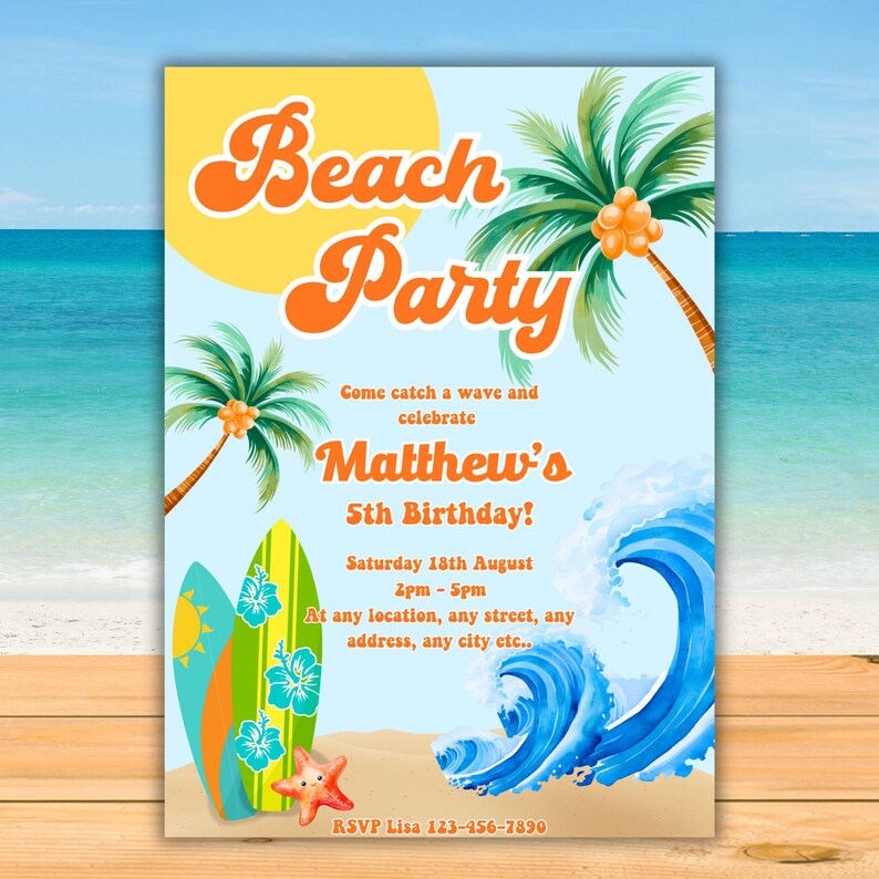 Printable Retro Beach Party Surf Boys Invitation Surfing Surfboard ...
