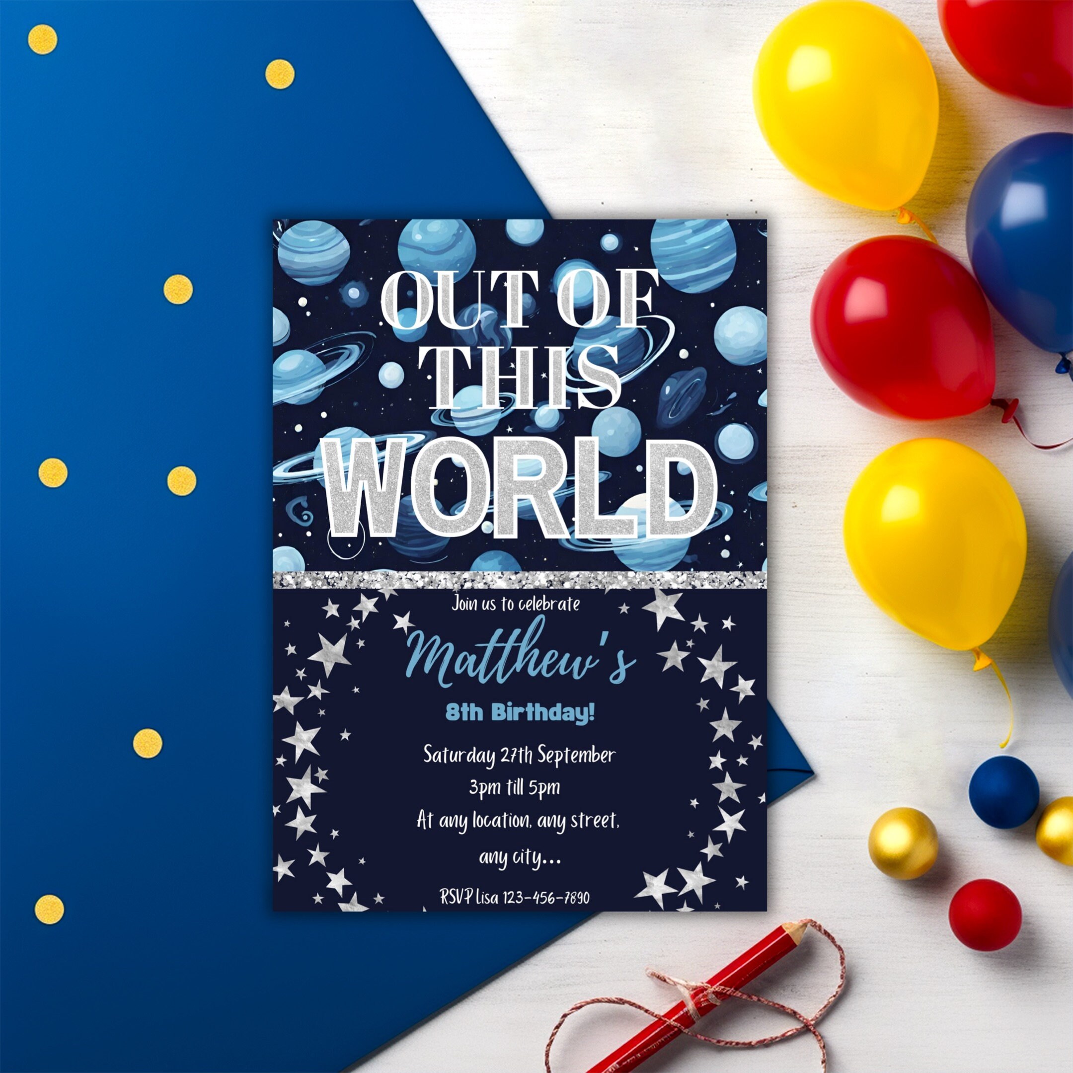 Printable Cosmic Blue Silver Outer Space Boys Birthday Party Invitation ...