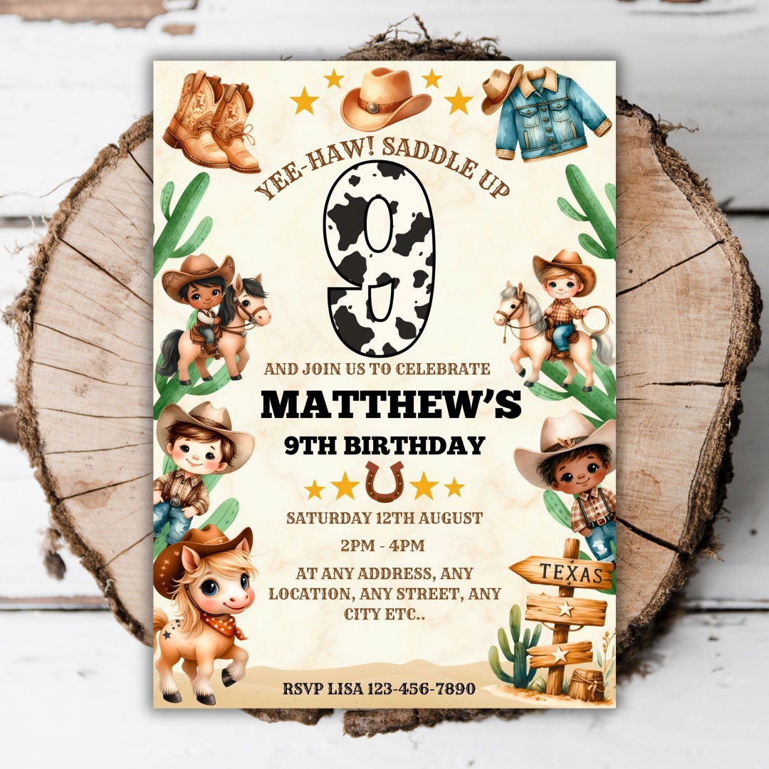 Printable Cowboy 9th Birthday Invitation Boys Wild West Rodeo Editable ...