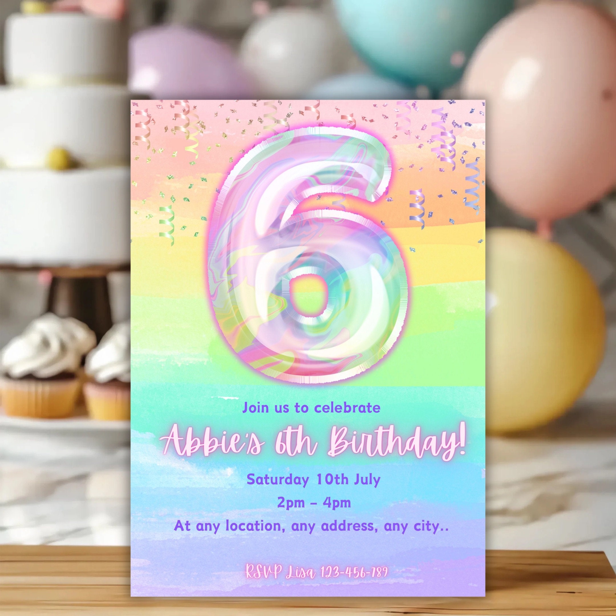 Printable Rainbow Girls 6th Birthday Invitation Glitter Template Foil ...