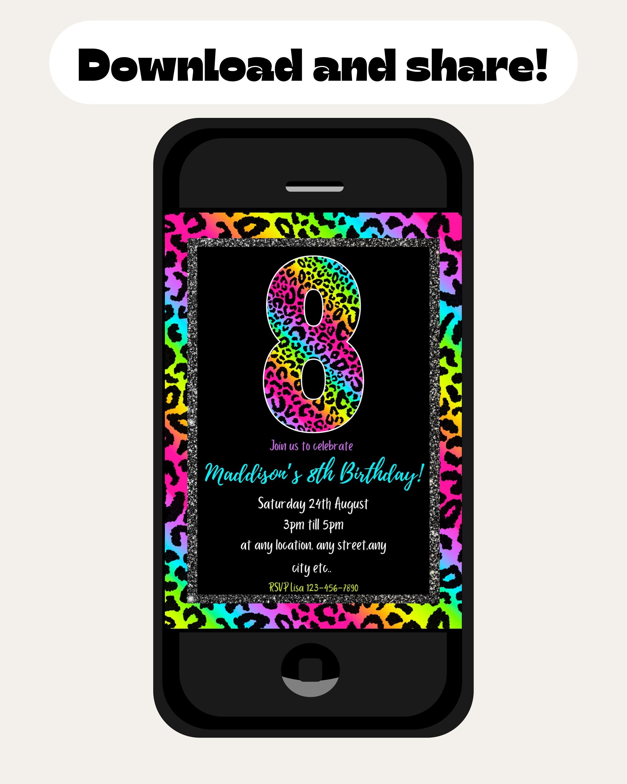 Printable Rainbow 8th Leopard Animal Print Girls Birthday Invitation ...