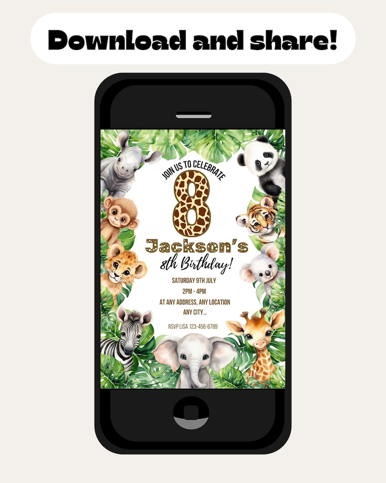 Printable Jungle Safari 8th Birthday Party Invitation Template Boys ...