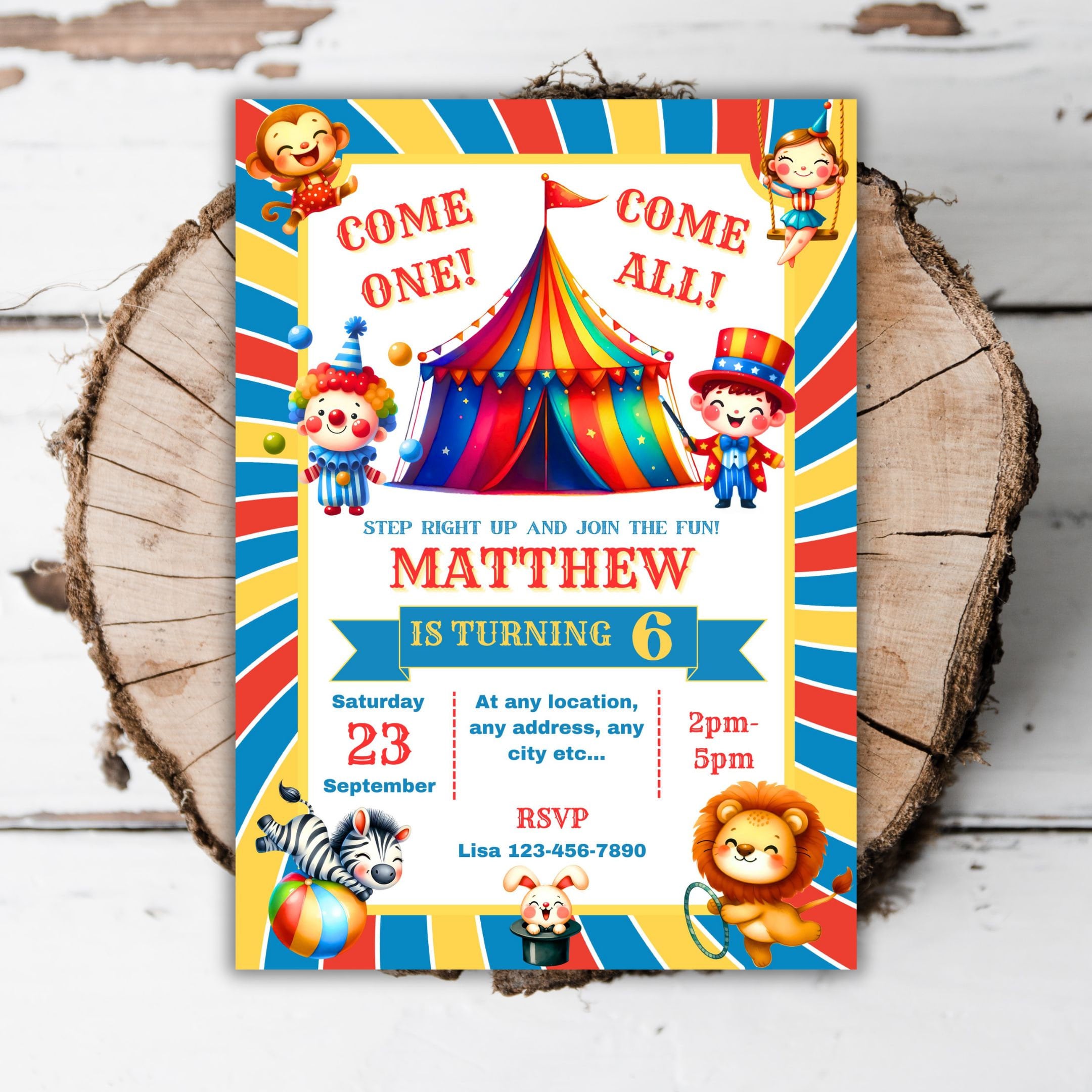 Printable Circus Birthday Invitation Boys Colourful Carnival Ticket ...