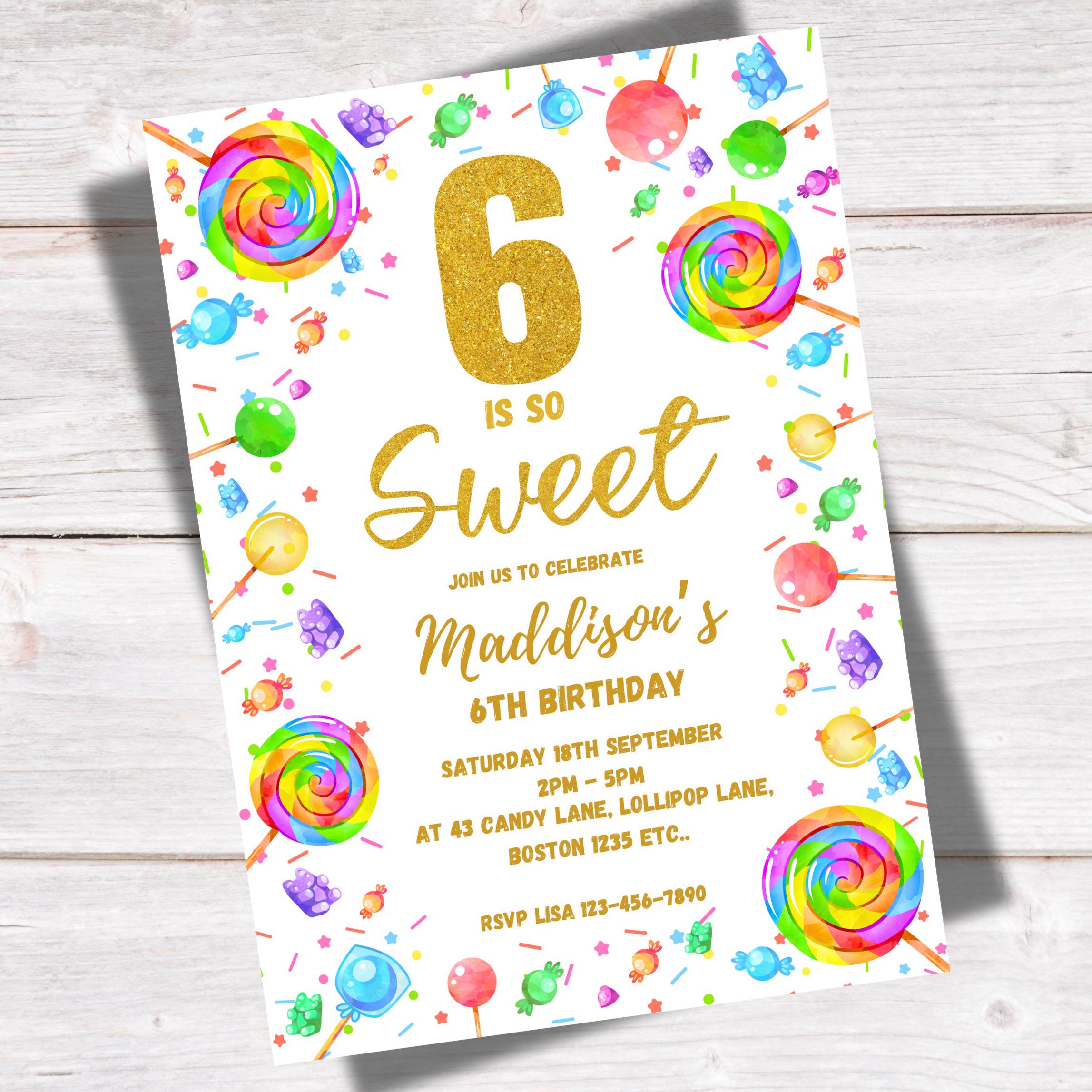 Printable Candy 6th Birthday Invitation 6 is so Sweet Editable Candy ...