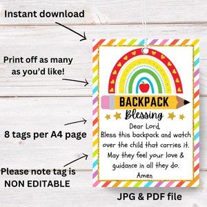 Printable Backpack Blessing Tag Back to School Gift Tag NON EDITABLE ...