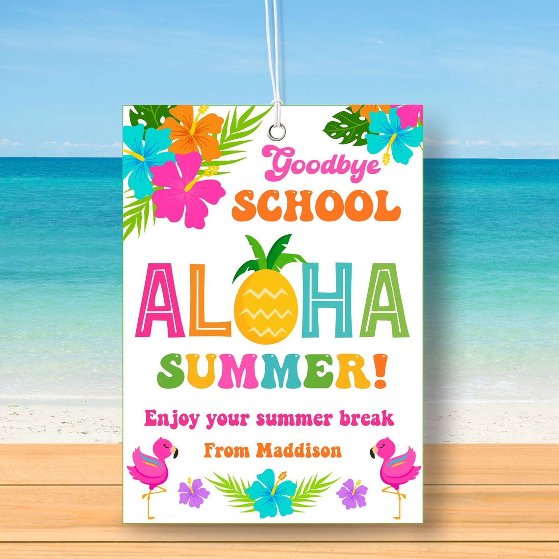 Printable Aloha Summer End of School Year Tag Editable Hawaiian Glitter ...
