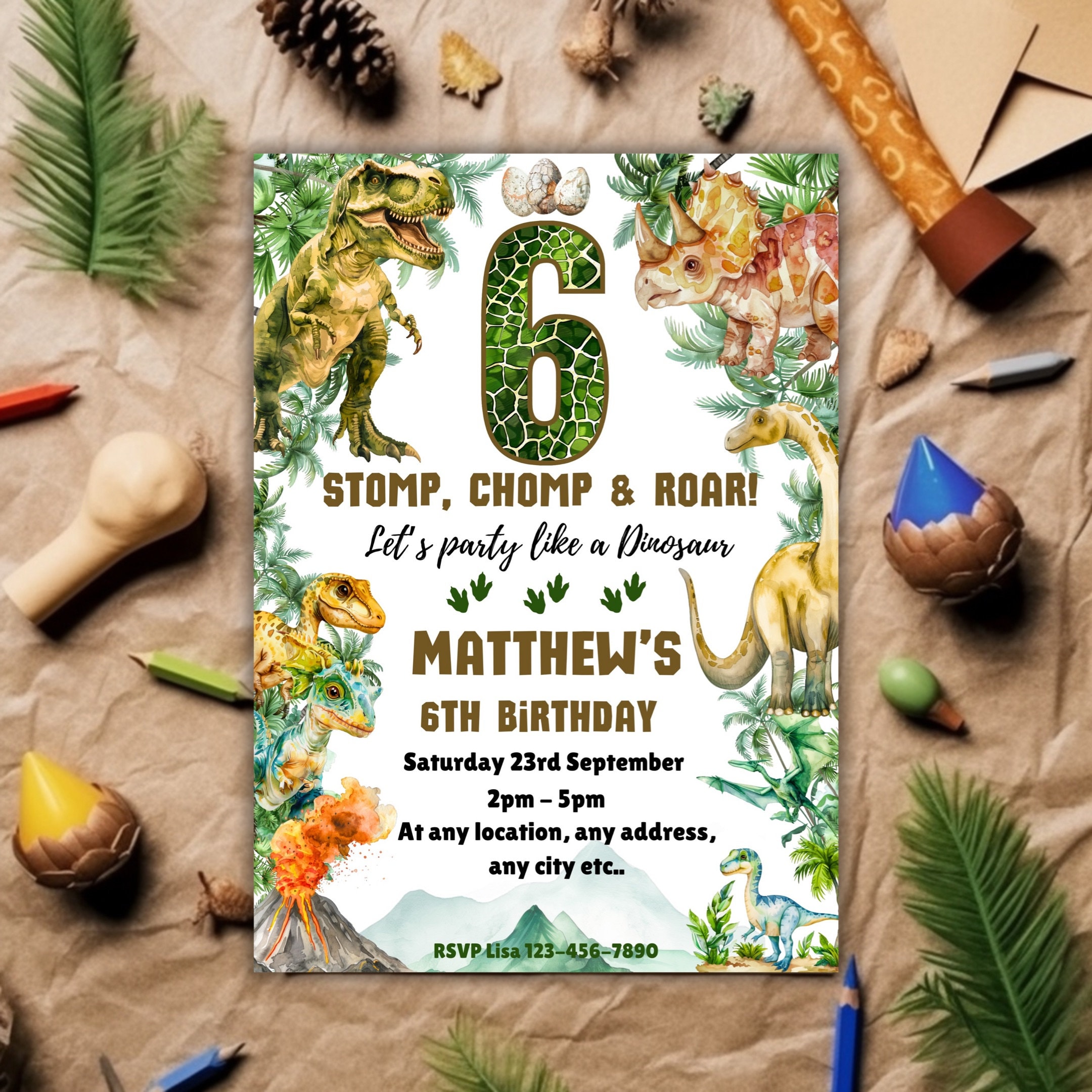 Printable Dinosaur Boys 6th Birthday Invitation Dino Editable Jurassic ...