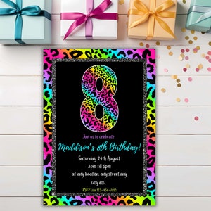 Printable Rainbow 8th Leopard Animal Print Girls Birthday Invitation ...
