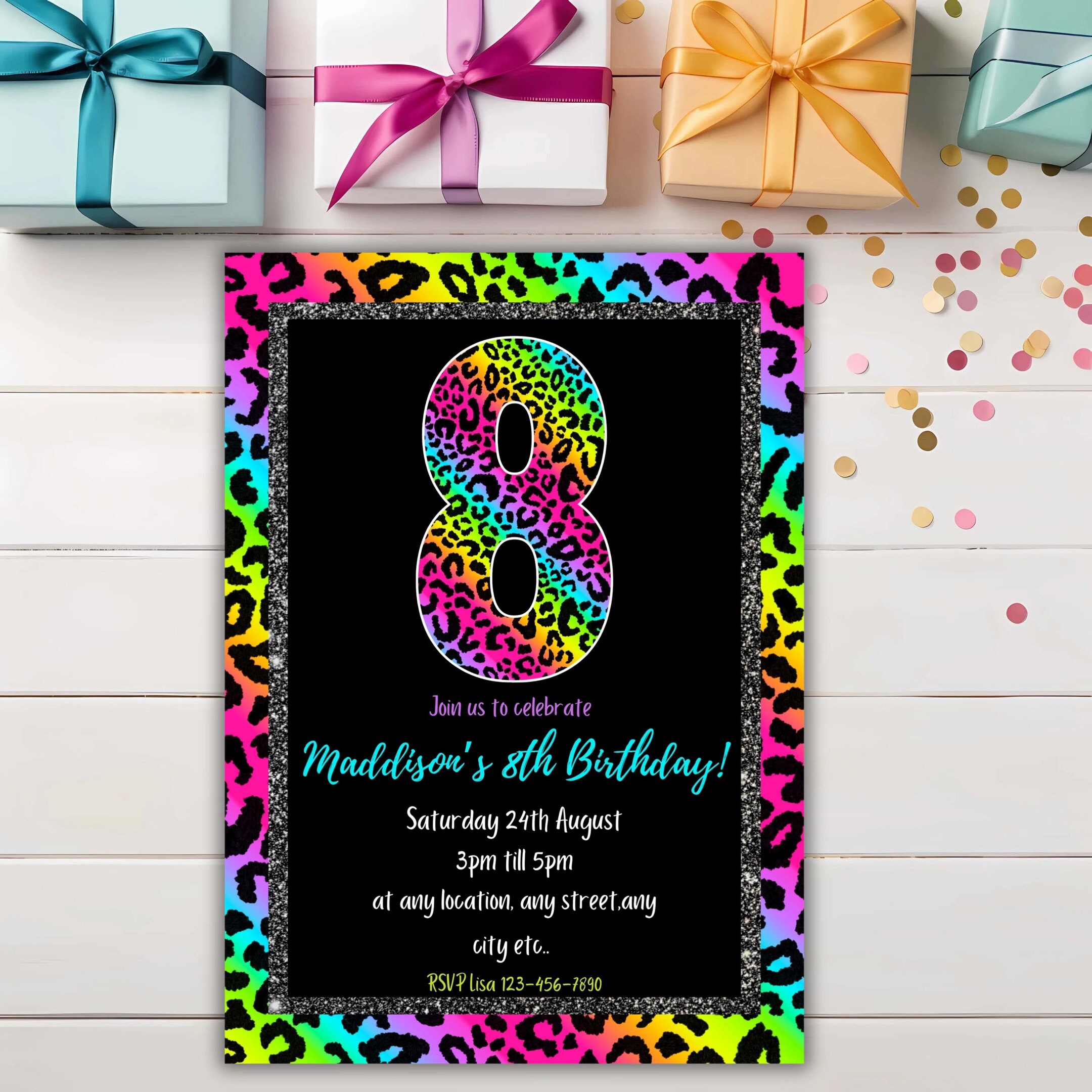 Printable Rainbow 8th Leopard Animal Print Girls Birthday Invitation ...