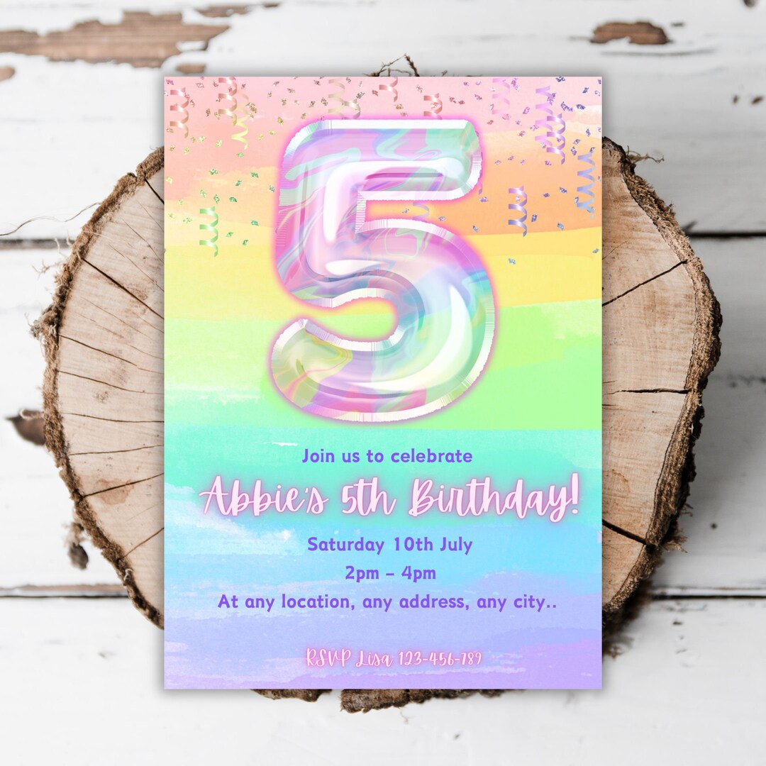 Printable Rainbow Girls 5th Birthday Invitation Glitter Template Foil ...