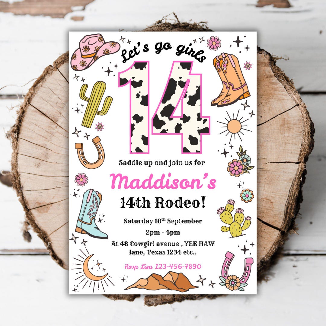 Printable Cowgirl 14th Birthday Invitation Girls Wild West Rodeo ...
