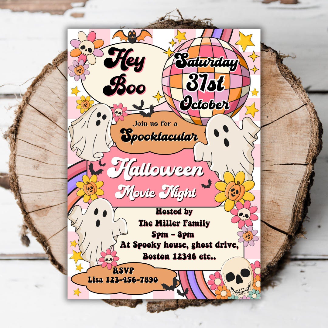 Printable Retro Halloween Movie Night Invitation Pyjama Party Spooky ...