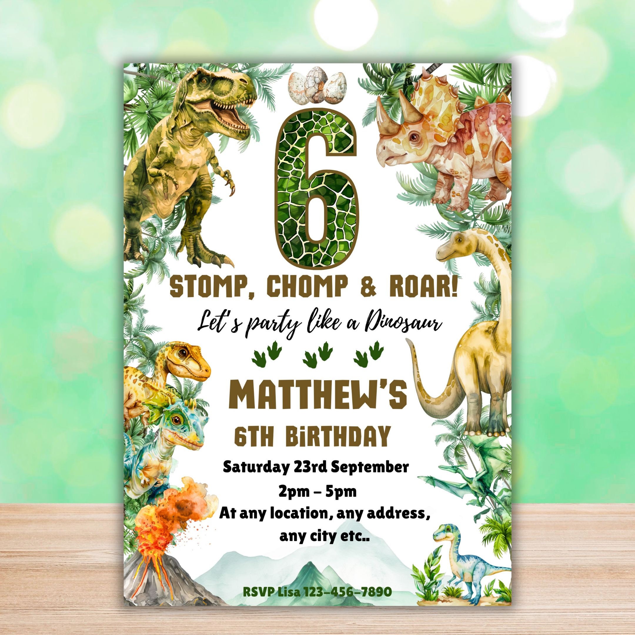 Printable Dinosaur Boys 6th Birthday Invitation Dino Editable Jurassic ...