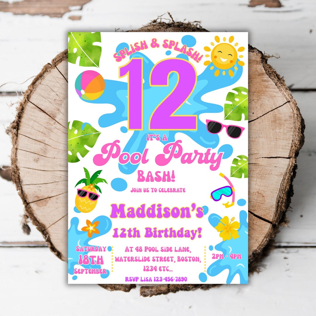 Printable Pool Party 12th Birthday Invitation Waterpark Editable Girls ...