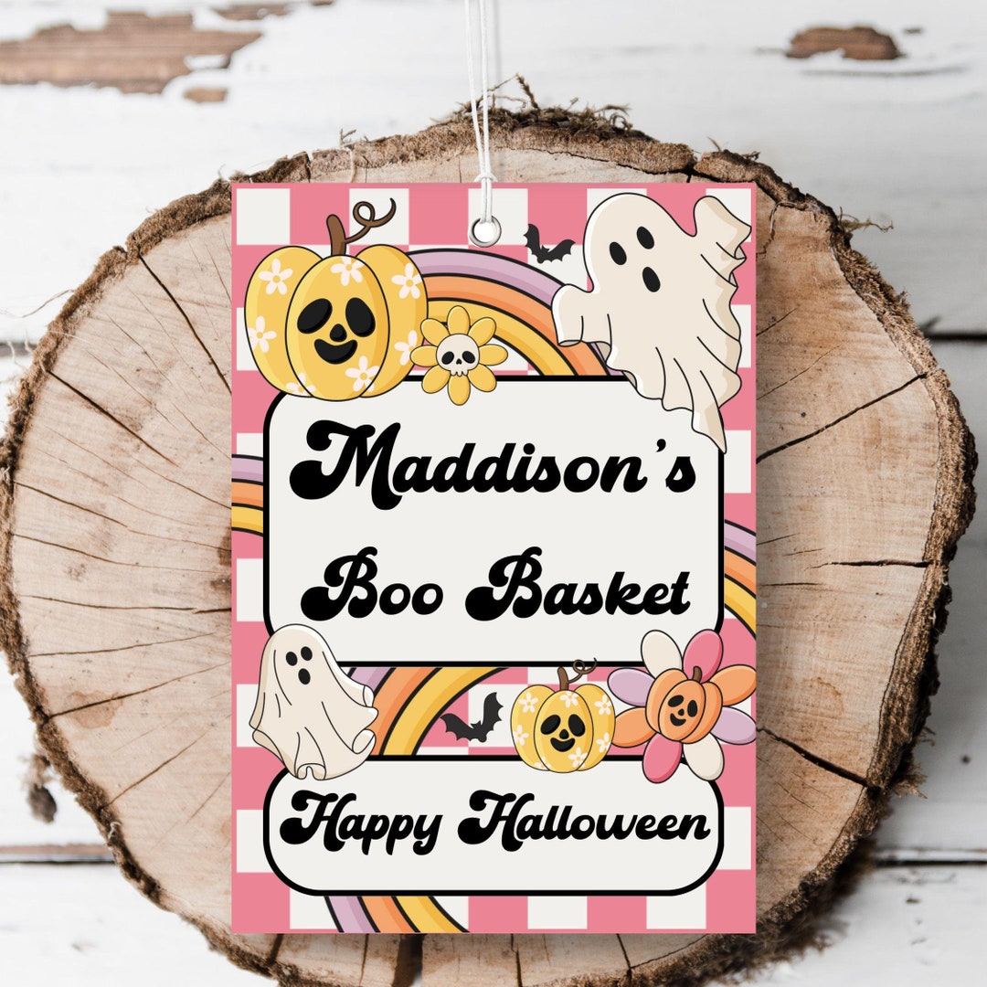 Printable Halloween Boo Basket Tag Editable Girls Retro Trick or Treat ...