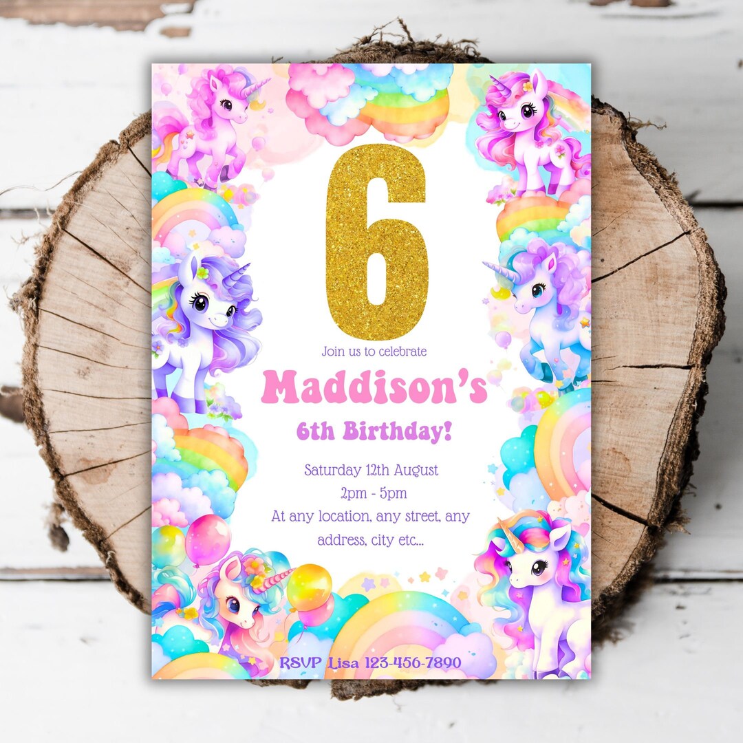 Printable Rainbow Unicorn Girls 6th Birthday Invitation Magical Unicorn ...