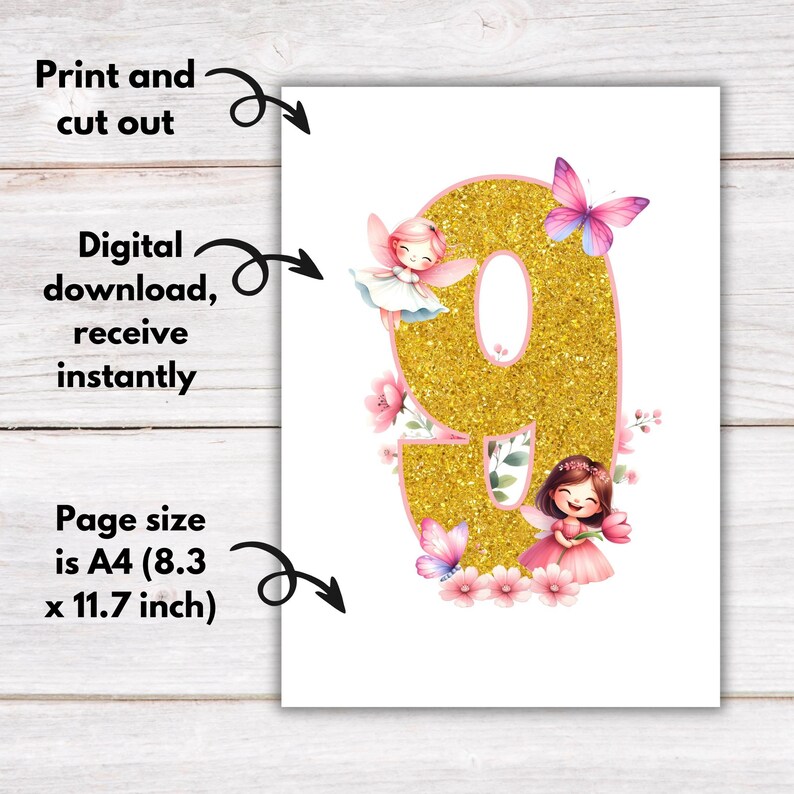 Printable Fairy 9th Birthday Cake Topper Girls Pixie Nine Birthday ...