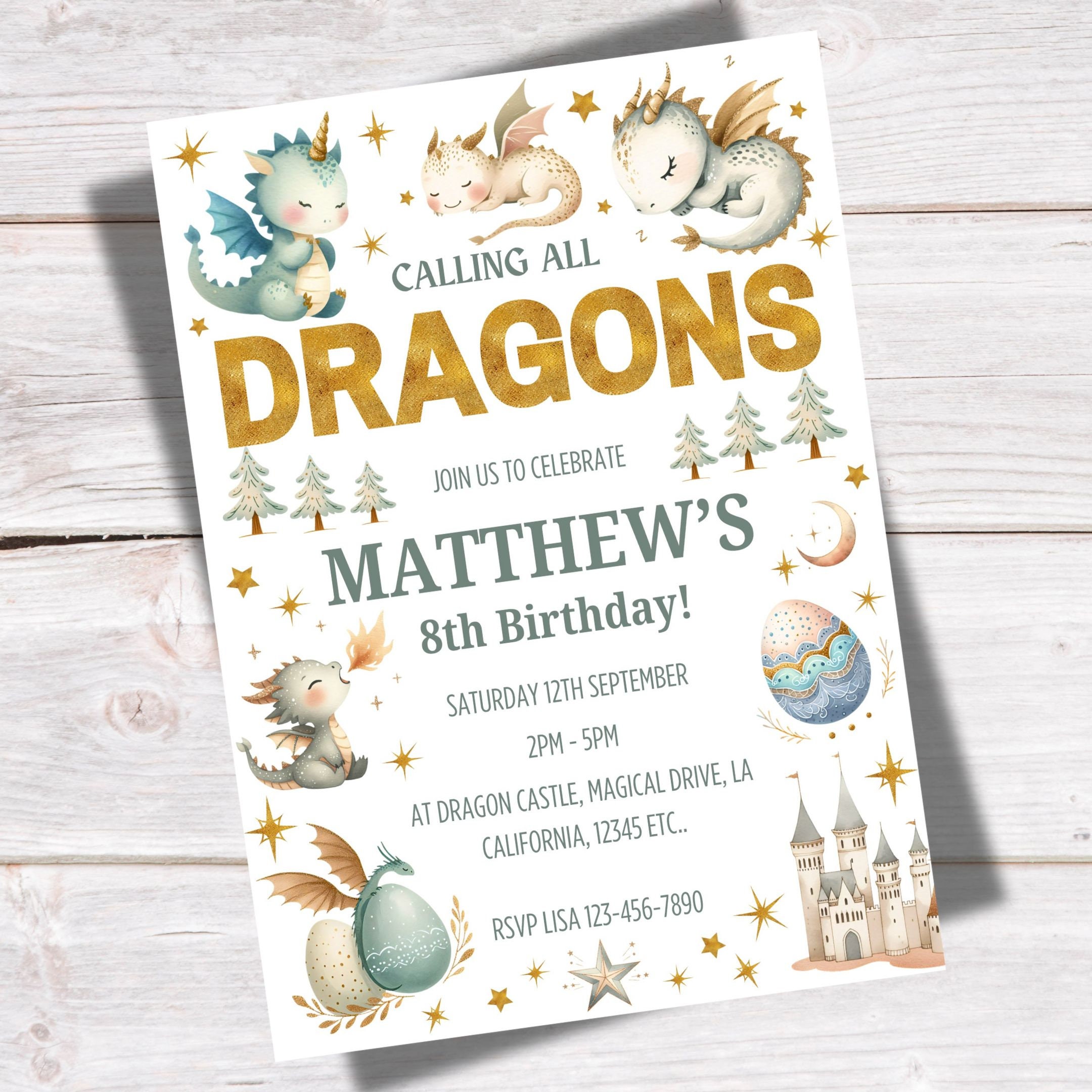 Printable Dragon Birthday Invitation Boys Calling All Dragons Magical ...