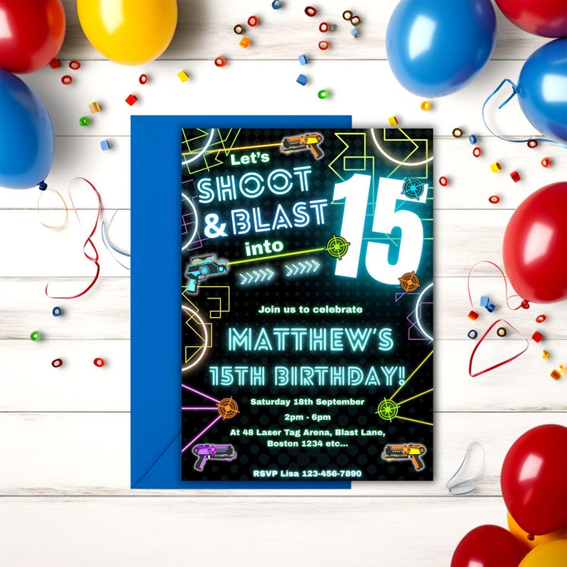 Printable Laser Tag 15th Birthday Invitation Neon Arcade Editable Boys ...