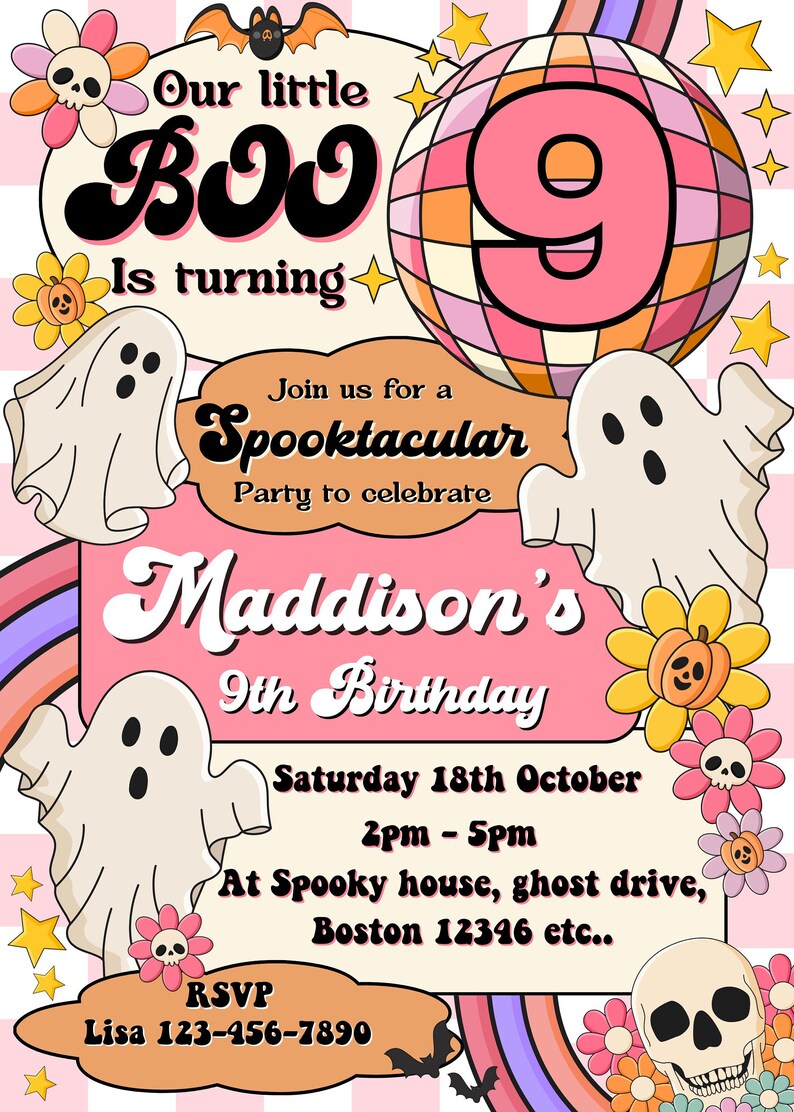 Printable Halloween 9th Birthday Invitation Girls Retro Spooky 9th ...