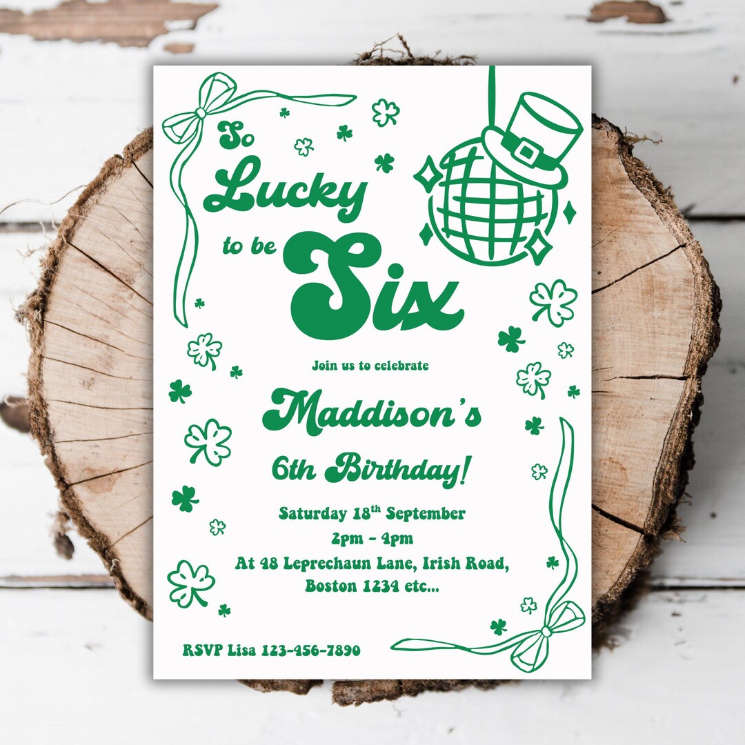 Printable St Patrick’s 6th Birthday Party Invitation Coquette Editable ...