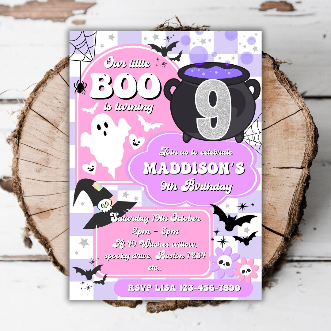 Printable Halloween 9th Birthday Invitation Girls Retro Ninth Spooky ...