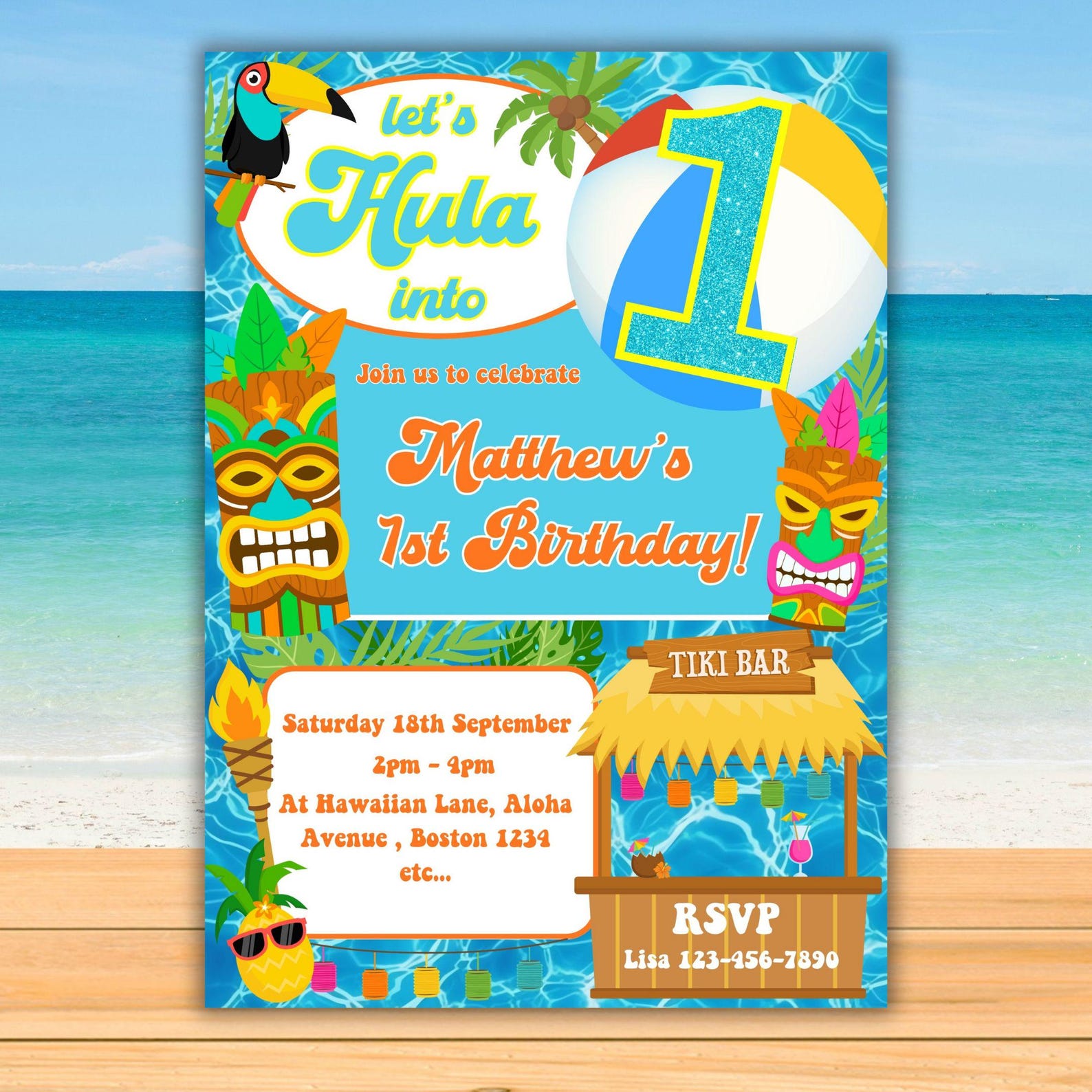 Printable Hawaiian Luau Boys 1st Birthday Invitation Tropical Pool ...