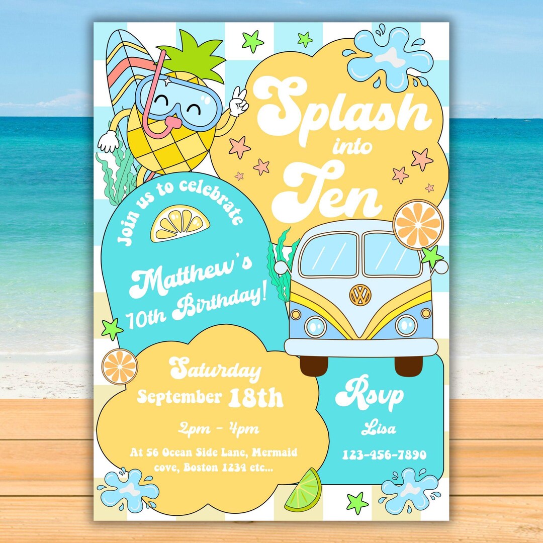 Printable Pool Party 10th Birthday Invitation Waterpark Splash Editable ...