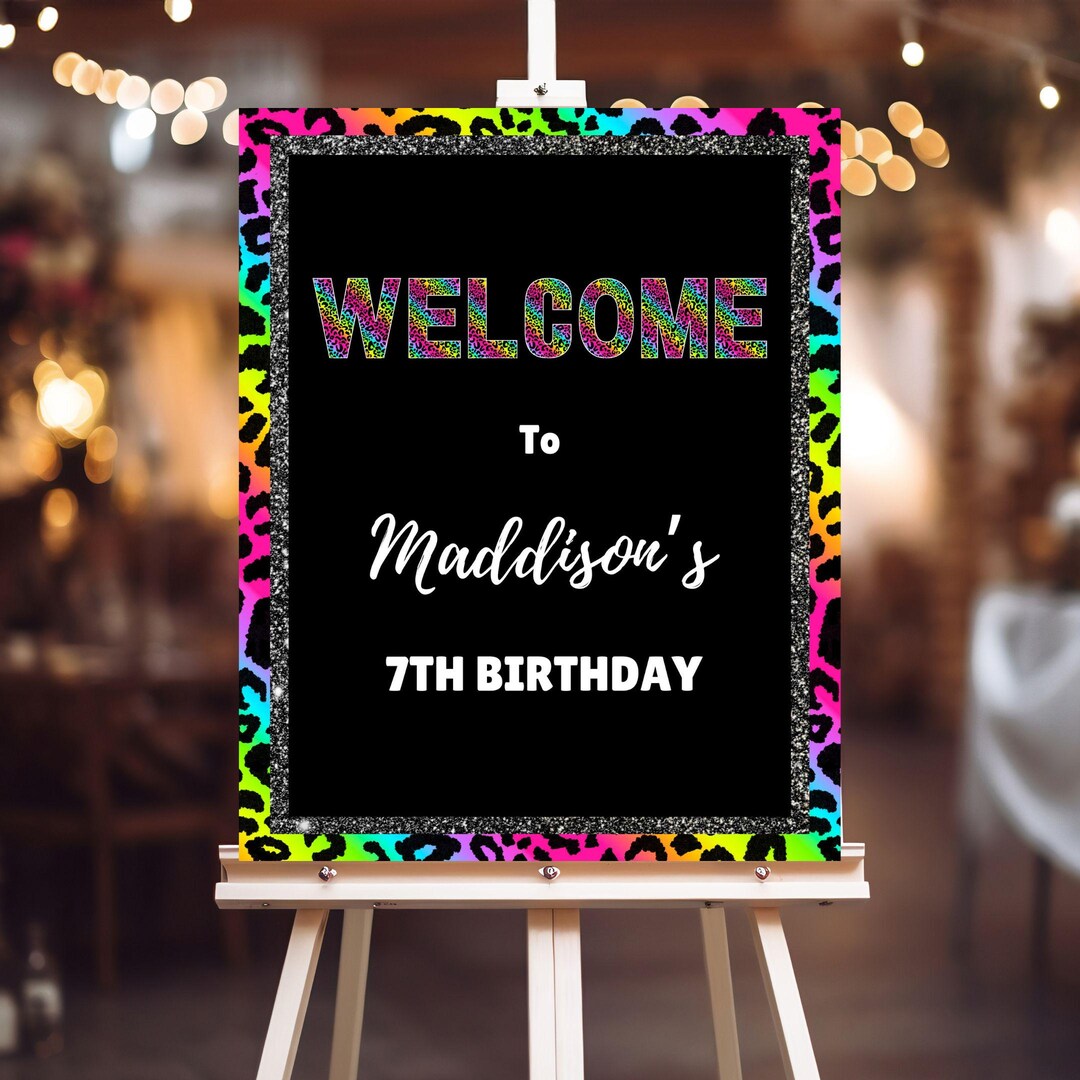 Printable Rainbow Leopard Print Welcome Sign Editable Birthday Cheetah ...