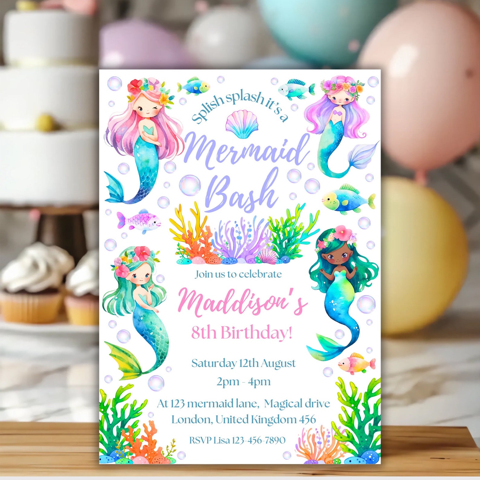Printable Mermaid Birthday Invitation Girls Tropical Under the Sea ...