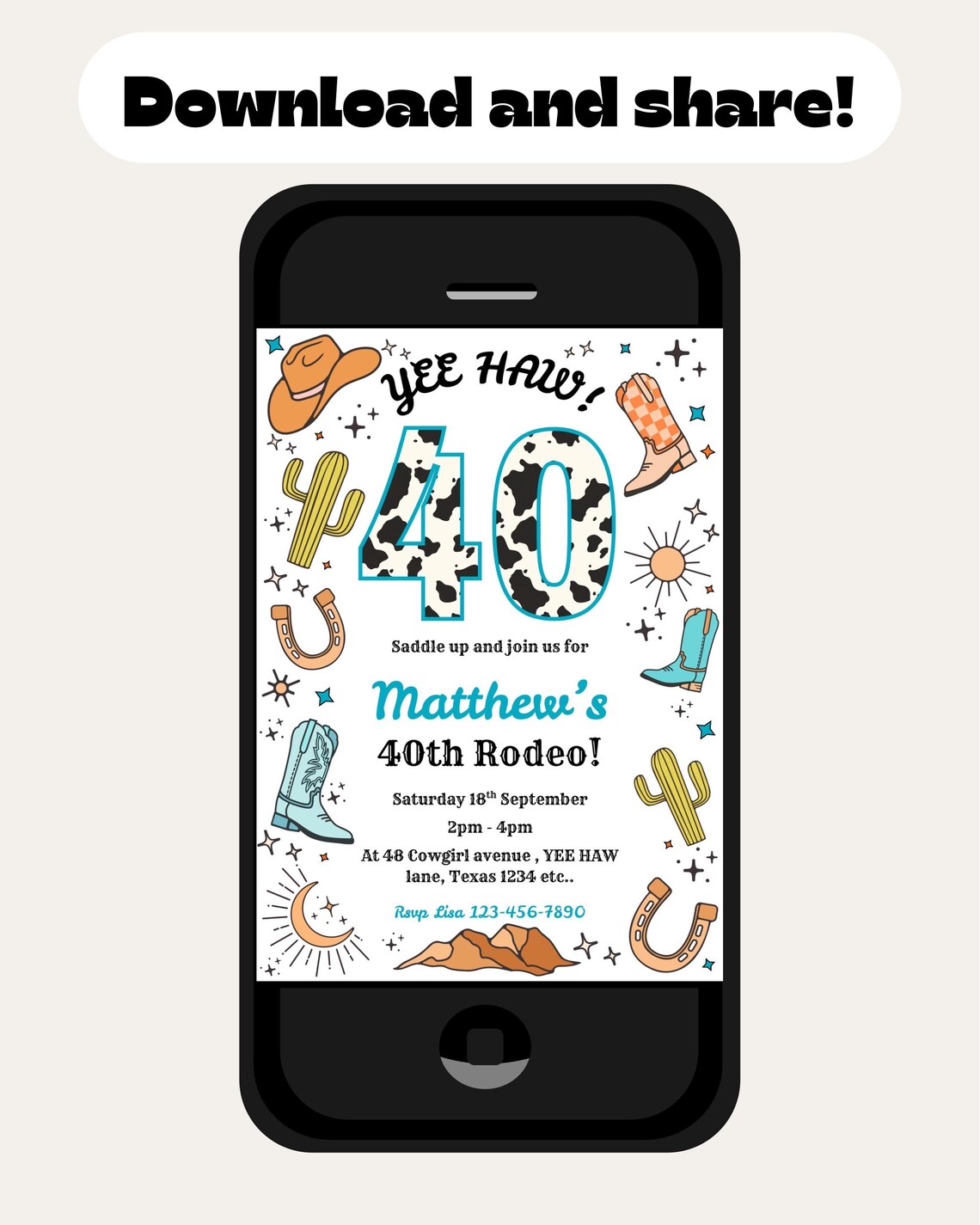 Printable Cowboy 40th Birthday Invitation Mens Wild West Rodeo Editable ...