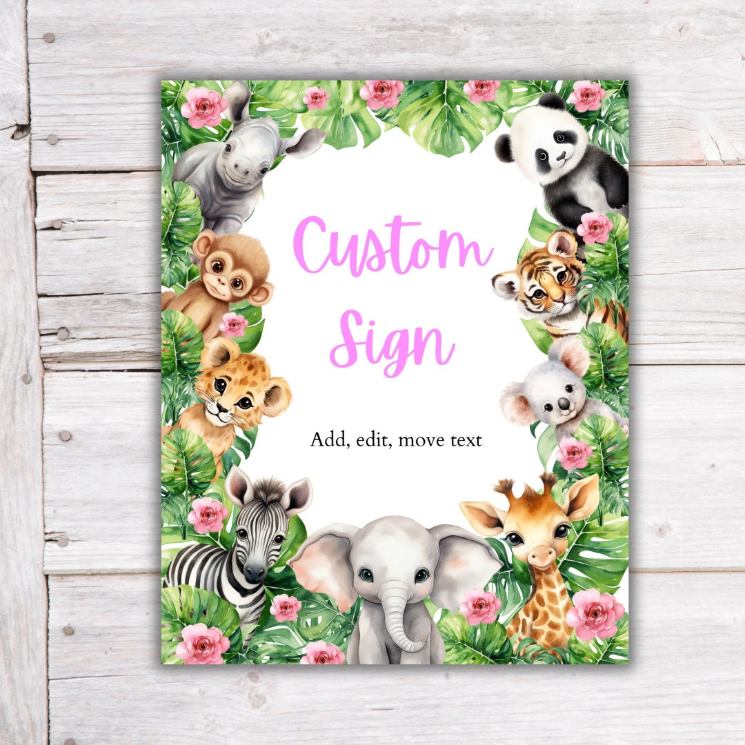 Printable Pink Jungle Safari Custom Sign Birthday Party Sign Template ...
