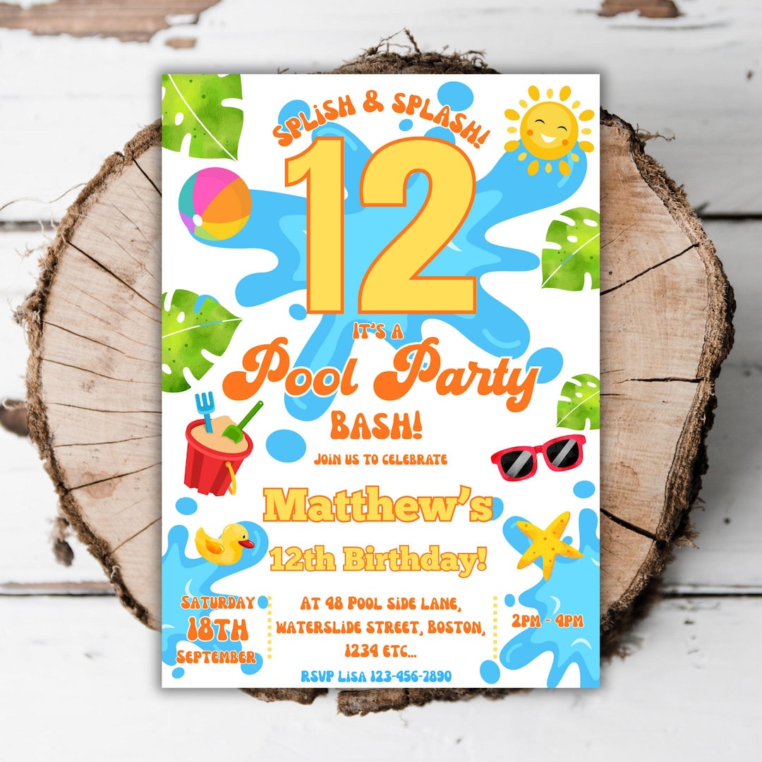 Printable Pool Party 12th Birthday Invitation Waterpark Editable Boys ...