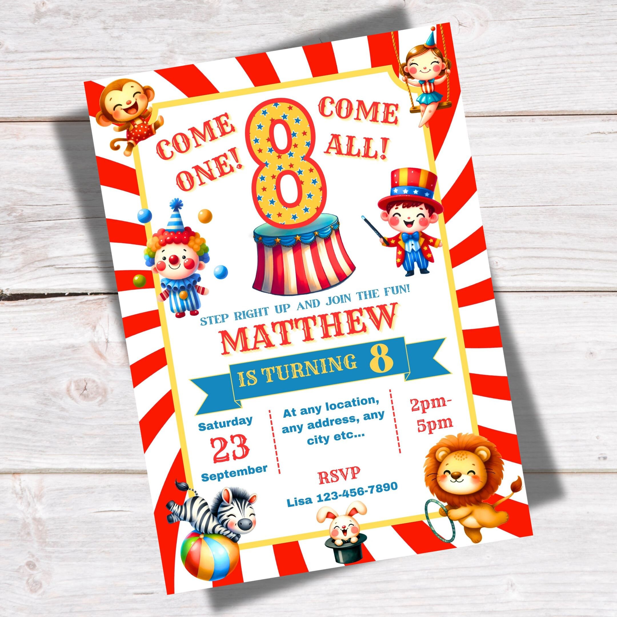 Printable Carnival 8th Birthday Invitation Circus Editable Boys 8th ...
