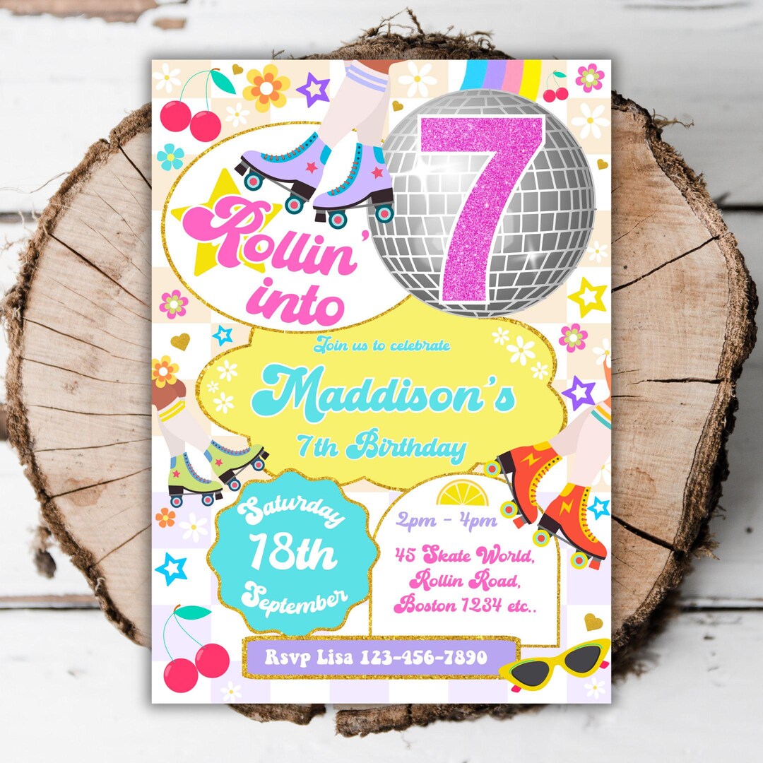 Printable Pastel Roller Skating Girls 7th Birthday Invitation Roller ...