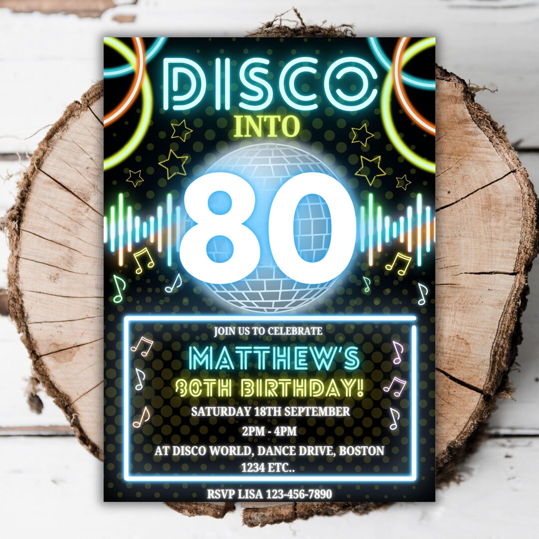 Printable Disco 80th Birthday Party Invitation Neon Dance Editable Men ...