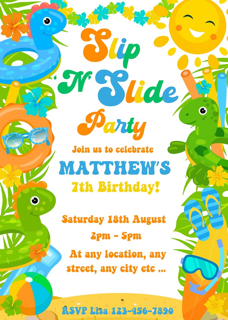 Printable Slip ‘N’ Slide Dinosaur Pool Party Boys Birthday Invitation ...