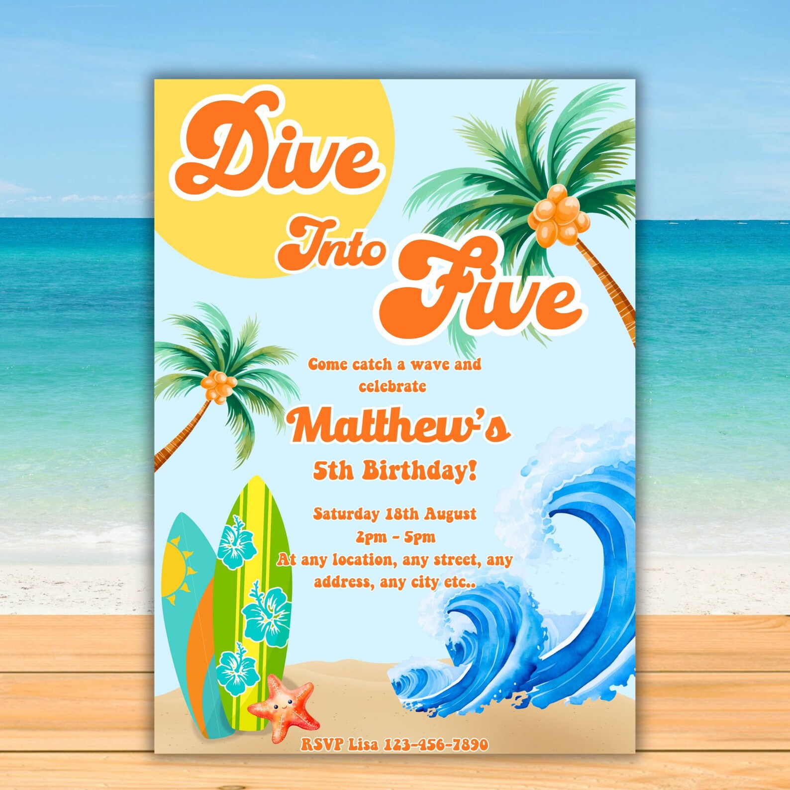 Printable Retro Dive Into Five Boys Invitation Surfing Editable Boys ...