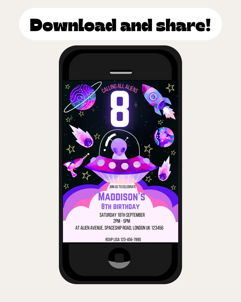 Printable Alien Birthday Invitation Girls Neon Alien Spaceship Editable ...