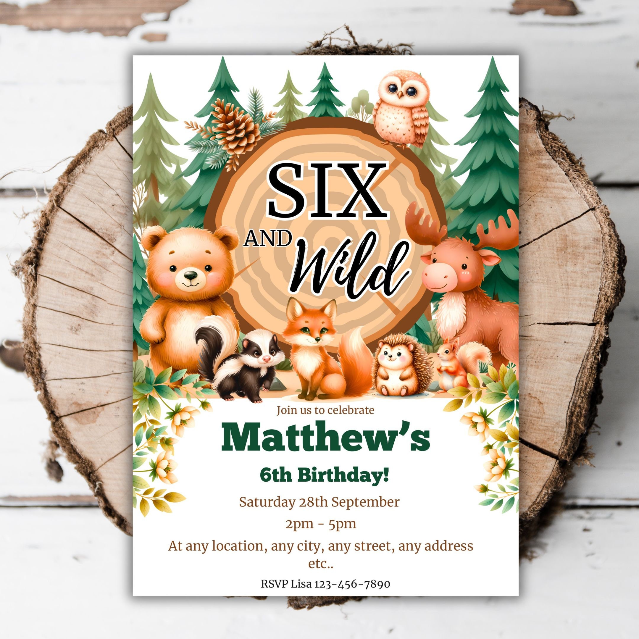 Printable Six and Wild Woodland Birthday Invitation Boys 6th Girls 6th ...