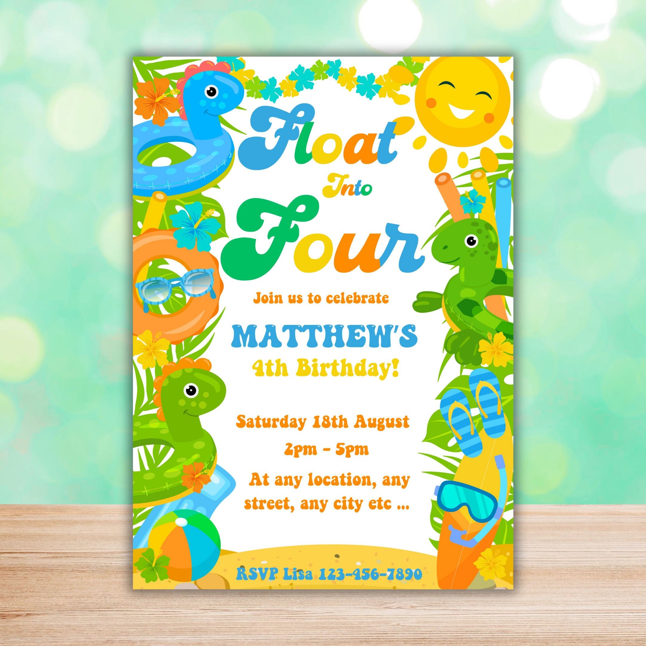 Printable Dinosaur Float Into Four Pool Party Boys Invitation Dino ...