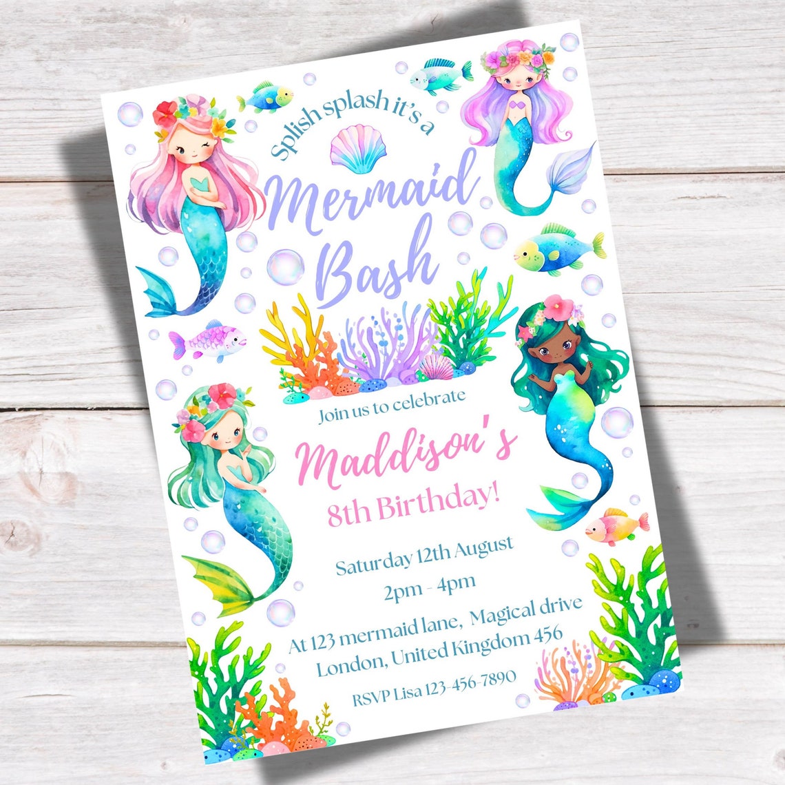 Printable Mermaid Birthday Invitation Girls Tropical Under the Sea ...