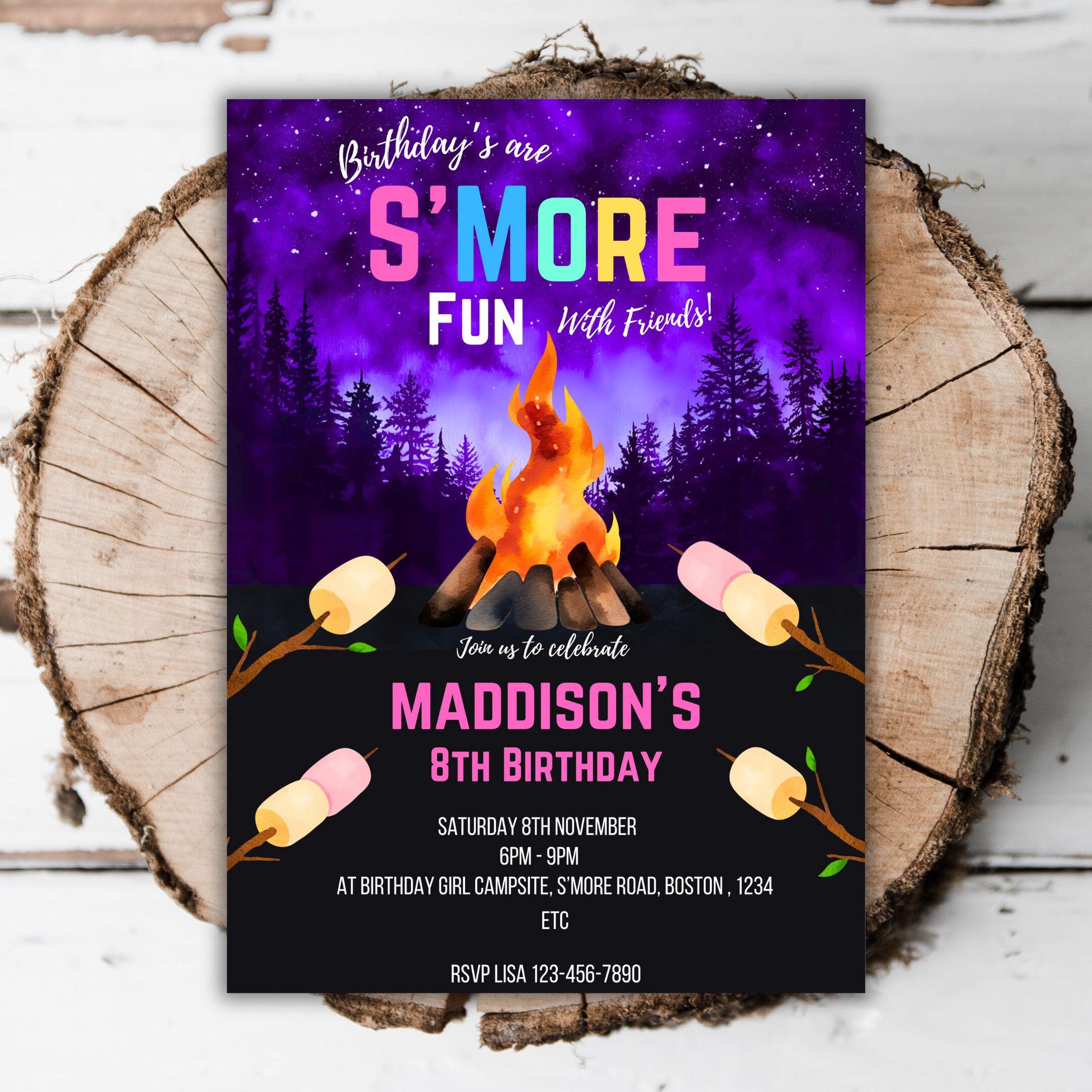 Printable Smore Birthday Invitation Girls Camping Party Editable ...