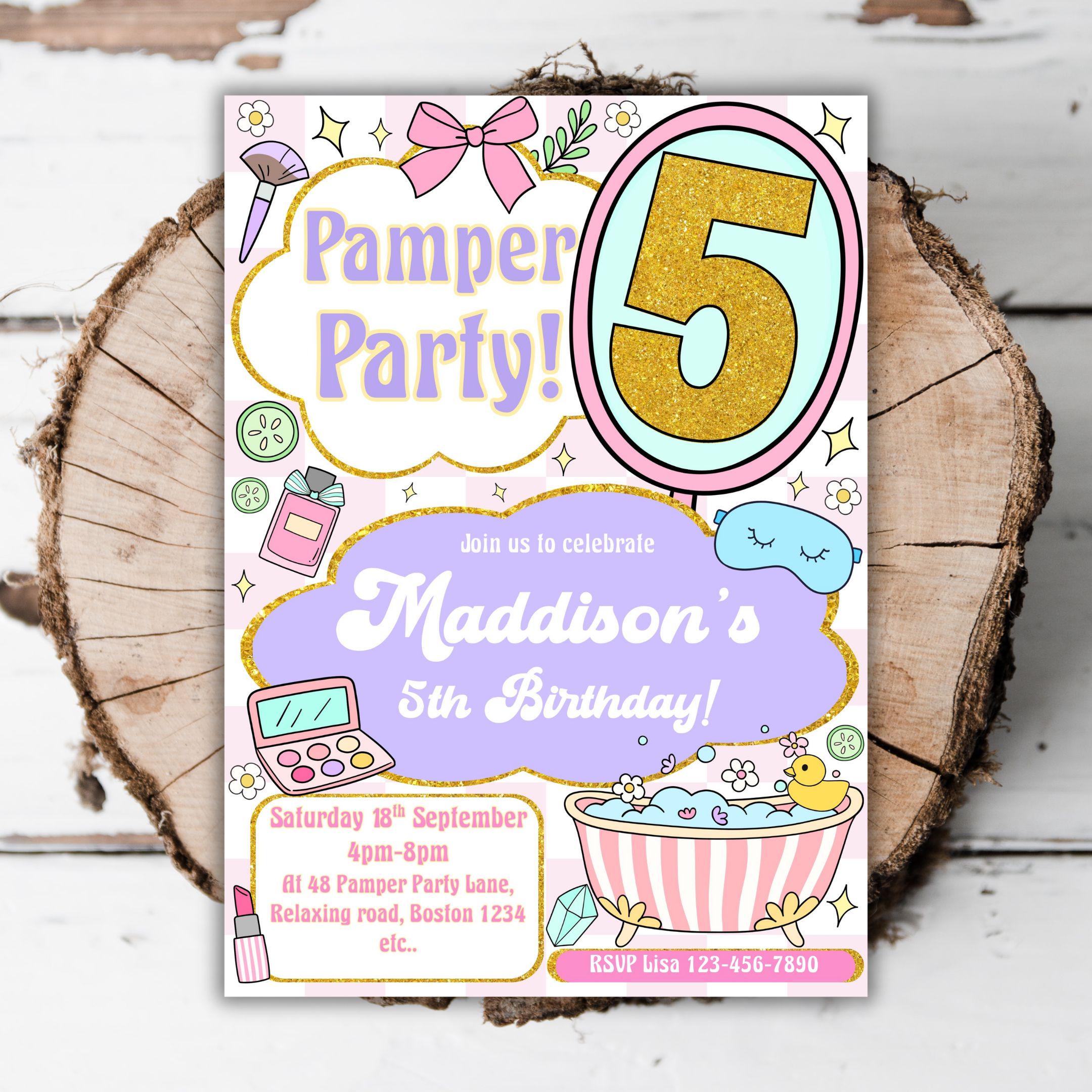 Printable Pamper Party 5th Birthday Party Invitation Sleepover Spa Day ...