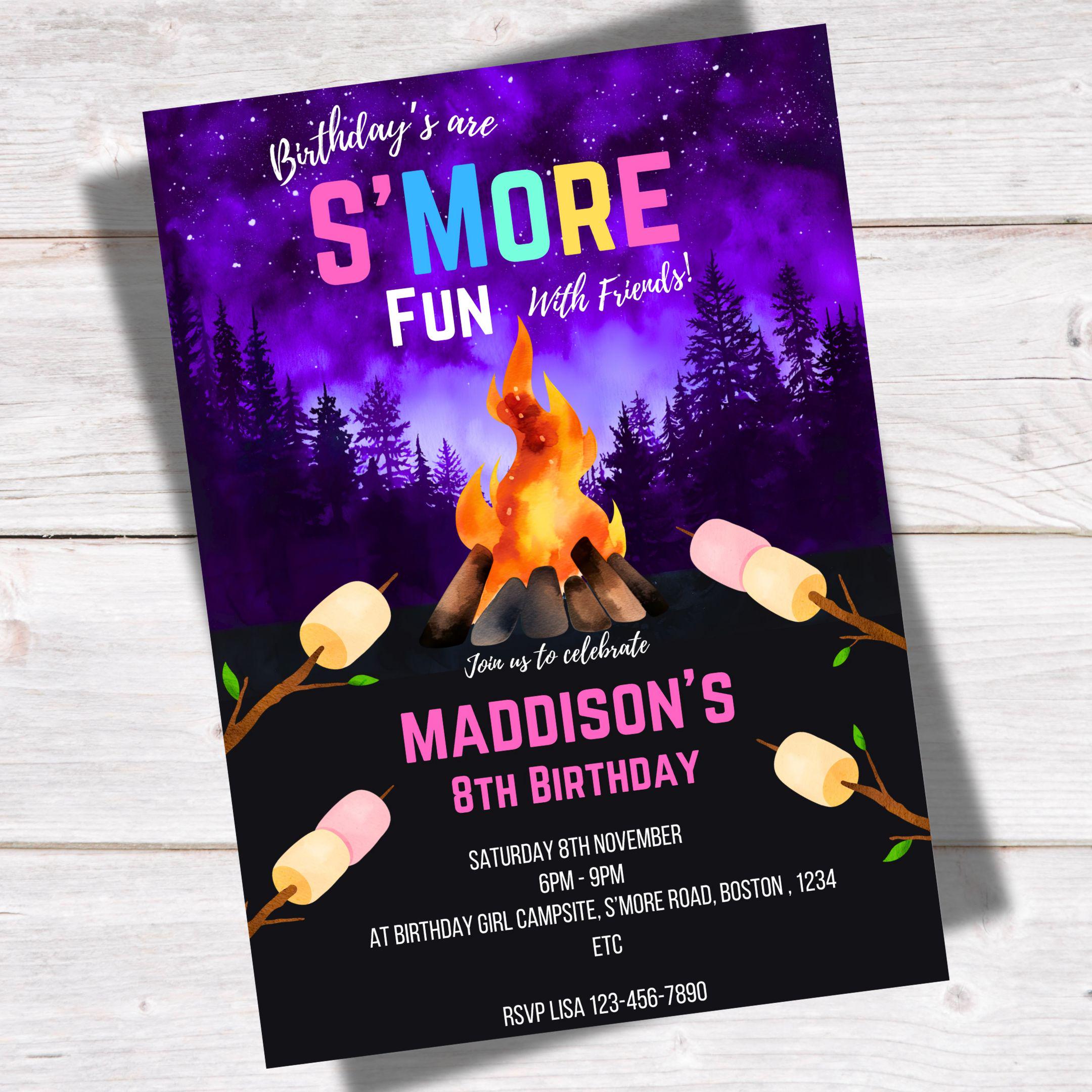 Printable Smore Birthday Invitation Girls Camping Party Editable ...