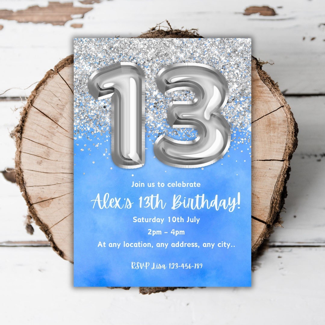 Printable Blue Silver 13th Birthday Invitation Glitter Template Foil ...