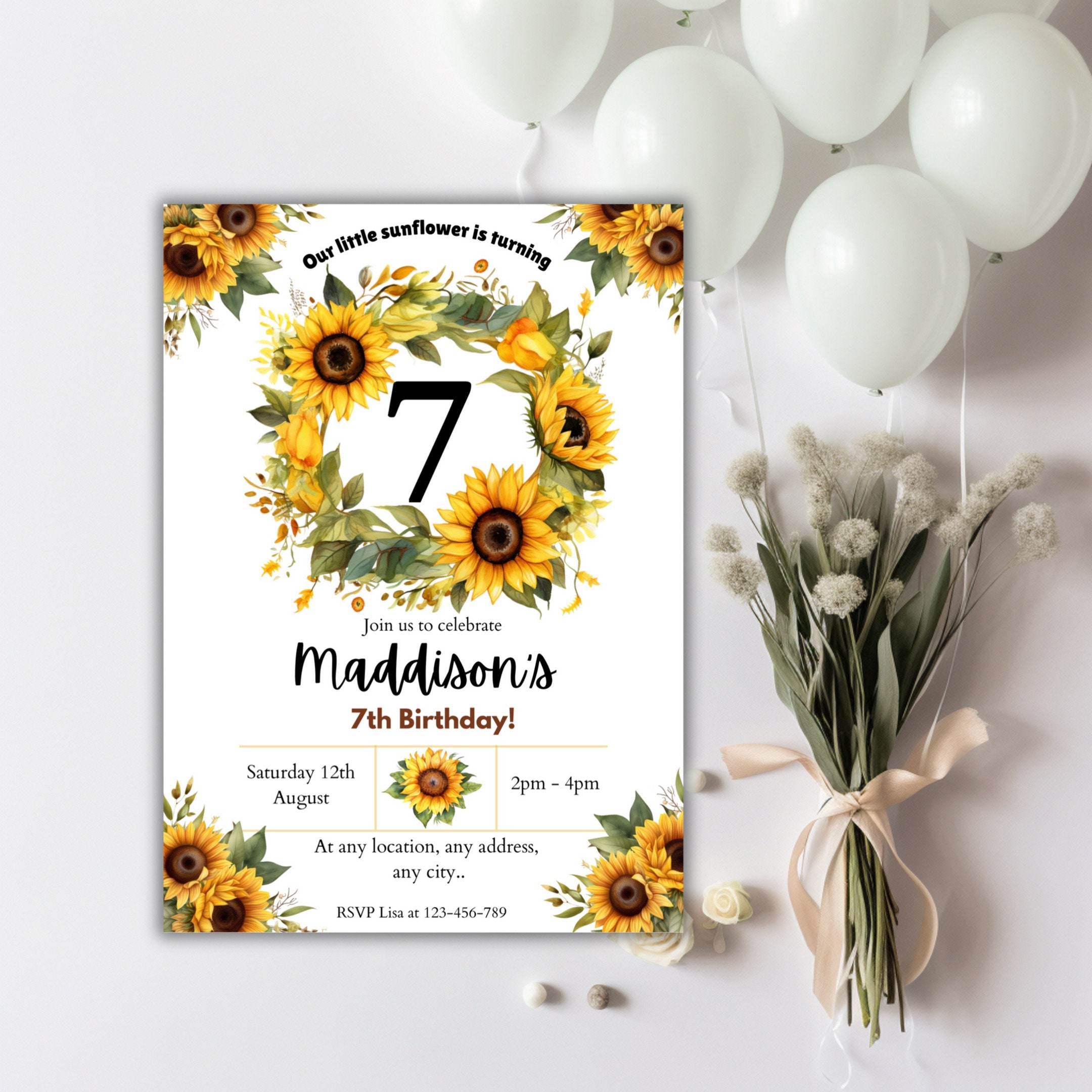 Printable Sunflower 7th Birthday Invitation Editable Rustic Flower ...