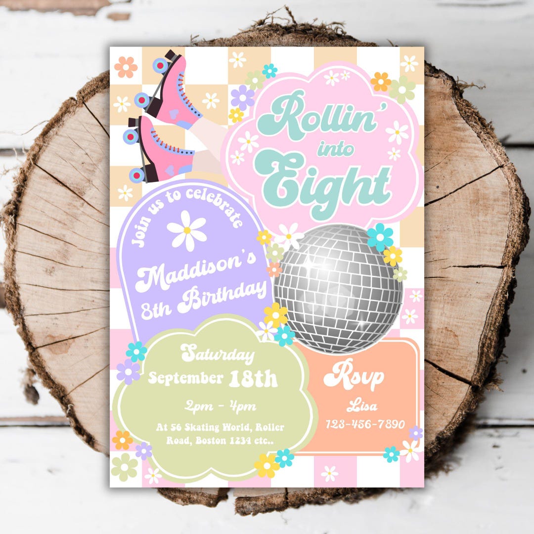 Printable Pastel Roller Skating Girls 8th Birthday Invitation Roller ...